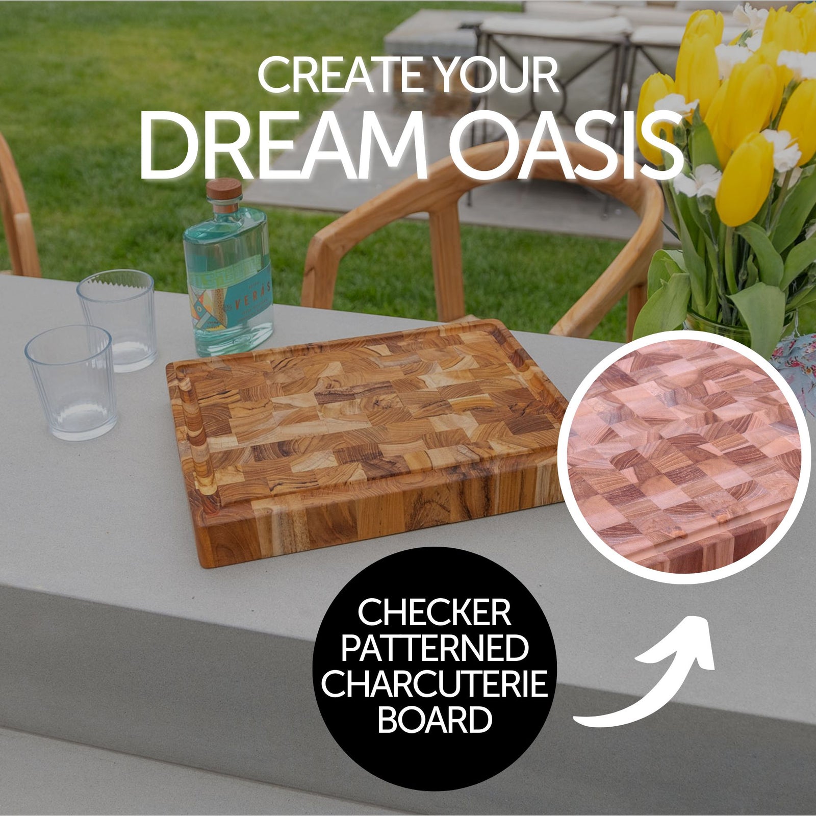 Adobe Checkered Teak Wood Cutting Board - 15"