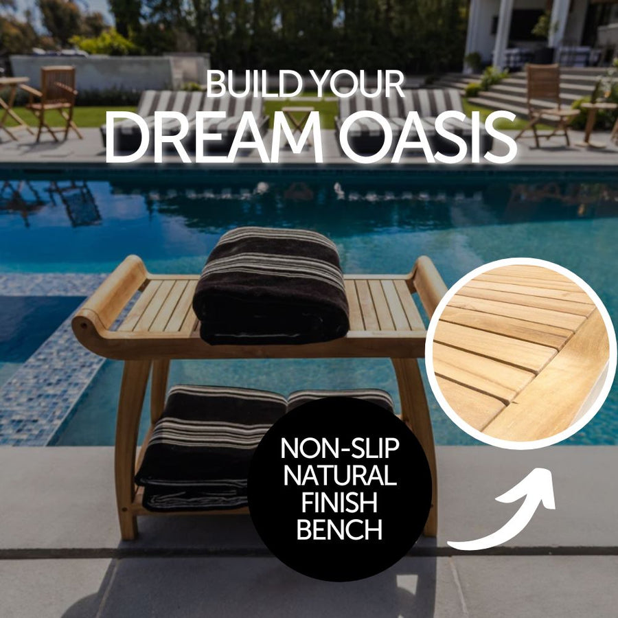 Norwegian Natural Teak Shower and Bath Curved Spa Bench with Shelf - 3