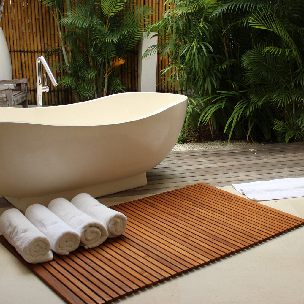 Spokane Extra Large Oiled Teak Shower and Bath String Mat with Rubber