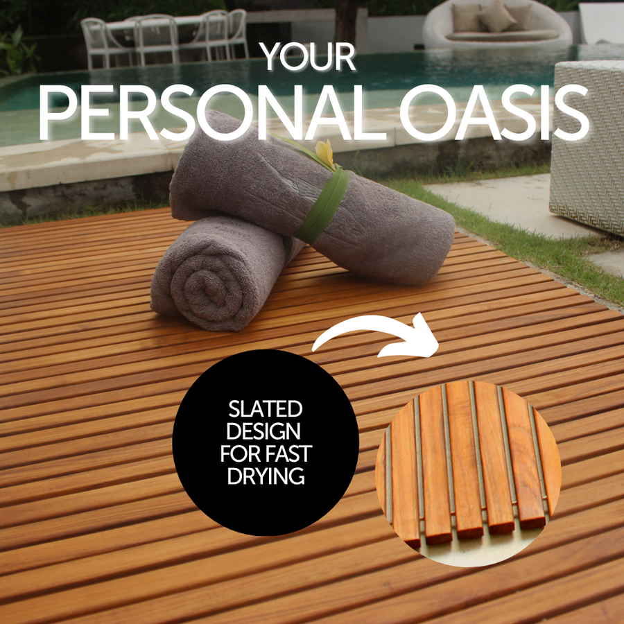 Spokane Extra Large Oiled Teak Shower and Bath String Mat with Rubber